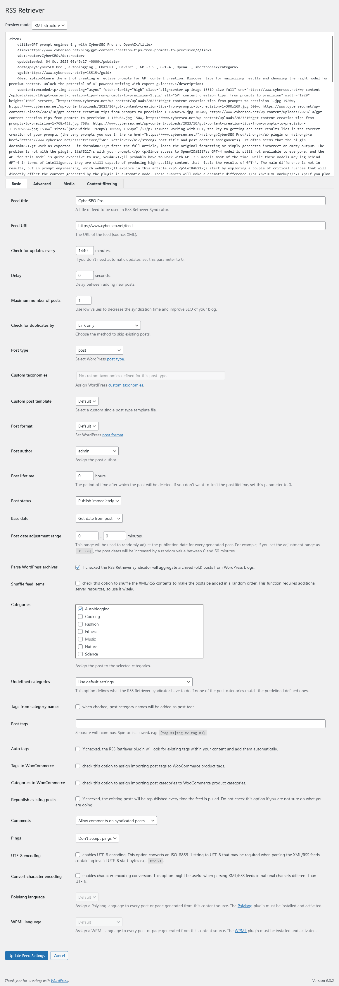 RSS Retriever plugin for WordPress with OpenAI GPT and Midjourney support